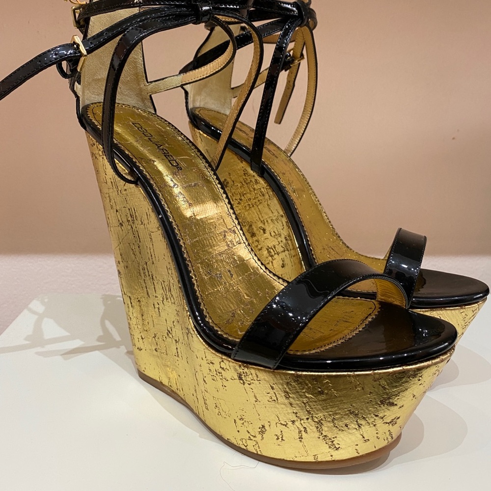 Dsquared Skyscraper 150 Gold Cork Black Wedges - Gem
